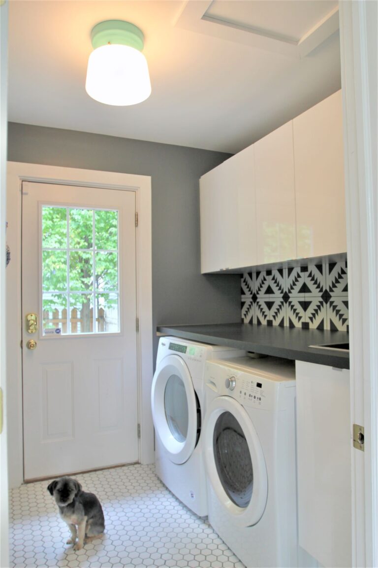 Schoolhouse Light Brings Pop of Color to Laundry Room Reno